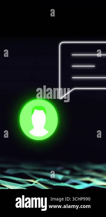 Animation of shapes and social media alert with user icon over black ...