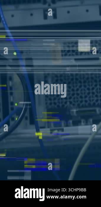Animation of glitch over servers and computer wires. network, data ...