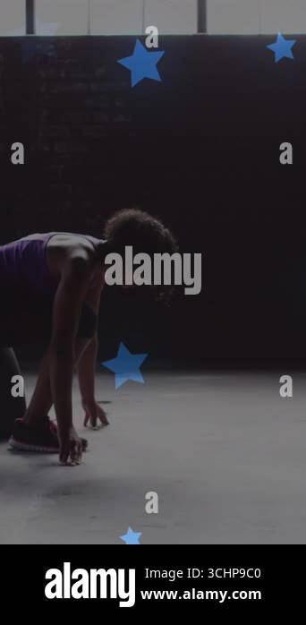 Multiple blue stars floating against african american woman in start ...