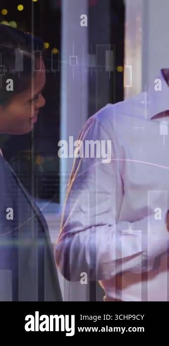 Animation of data processing over diverse business people talking ...