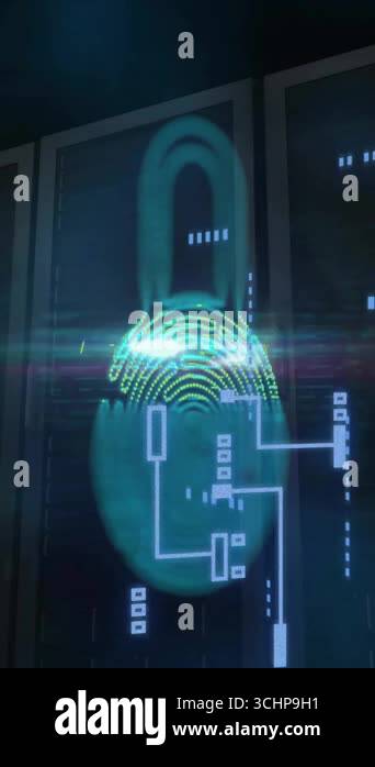 Animation Of Padlock With Biometric Fingerprint And Data Processing Over Black Background