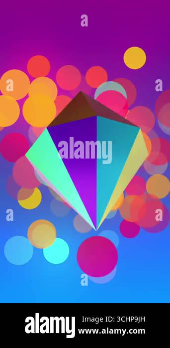 Animation of 3d multicoloured shape over neon multi coloured background ...