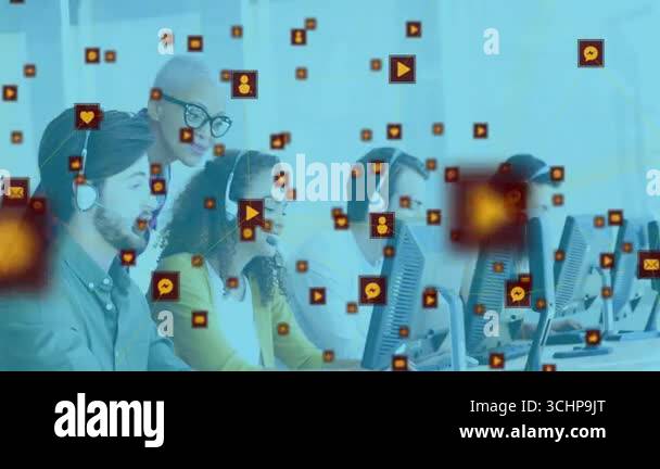 Customer service agents answering calls and receiving floating icons ...