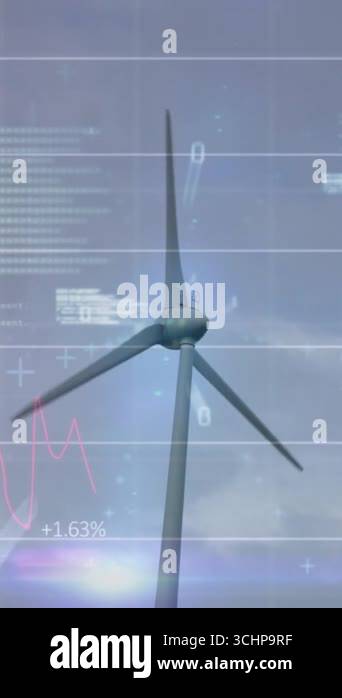 Animation of wind turbine turning, data processing and stock exchange ...