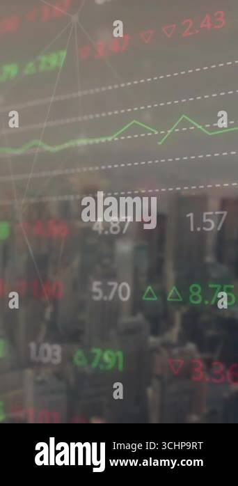 Animation of financial data processing over cityscape with modern ...