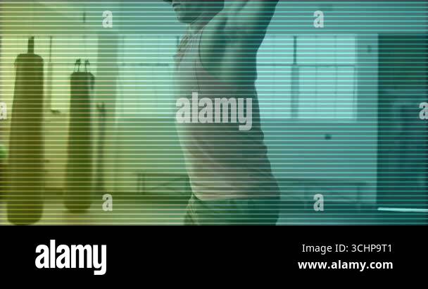 Man finishing stretch in gym starting animated barbell icon before ...