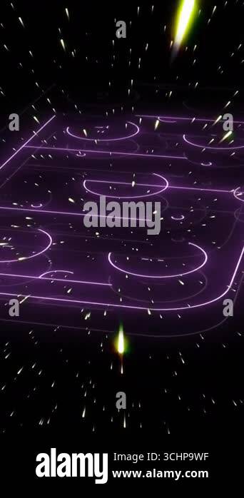 Animation of neon sports field over spots of light. Global sports ...