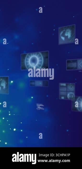 Animation of scopes scanning and data processing over screens on dark background. Global ...