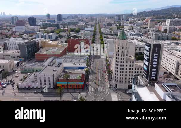 Aerial footage of a palm-lined boulevard in Los Angeles, California ...