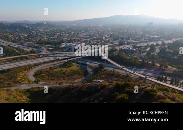 Aerial view of a sprawling freeway interchange in Los Angeles ...
