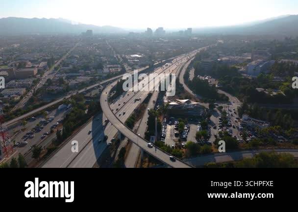 Drone shot flying forward above the 2 Freeway in Glendale, Los Angeles ...