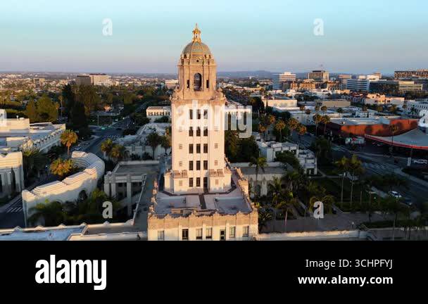 Stunning aerial 360-degree orbit of the iconic Beverly Hills City Hall ...