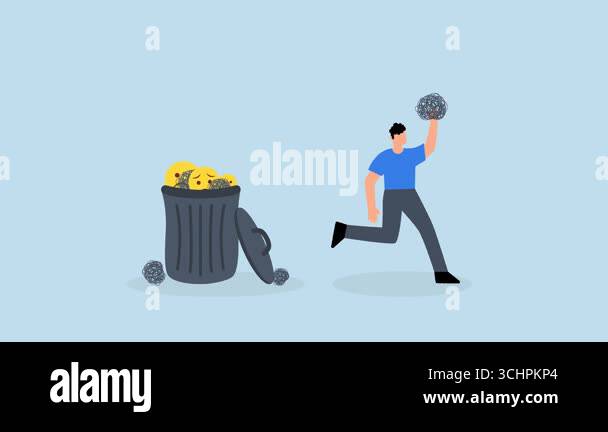 Get rid of work anxiety, joyful entrepreneur discards in garbage ...