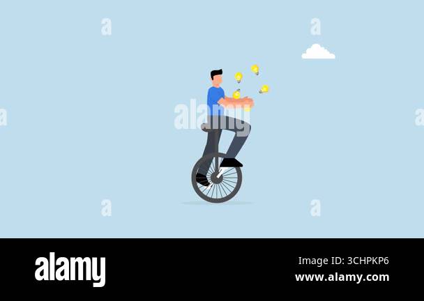 Creativity and ideas, astute entrepreneur balancing on unicycle tossing ...