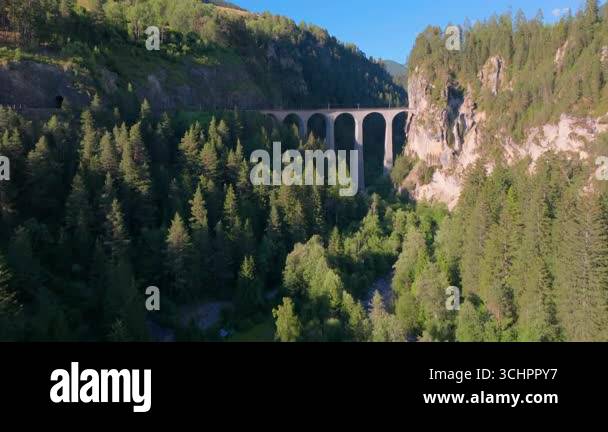 Aerial view Landwasser Viaduct world, protected by UNESCO. Railway ...