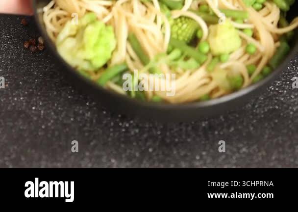 Spaghetti vegetables green peas, broccoli, string beans, kohlrabi ...