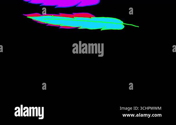 Colorful cartoon feathers falling down on a black background ...