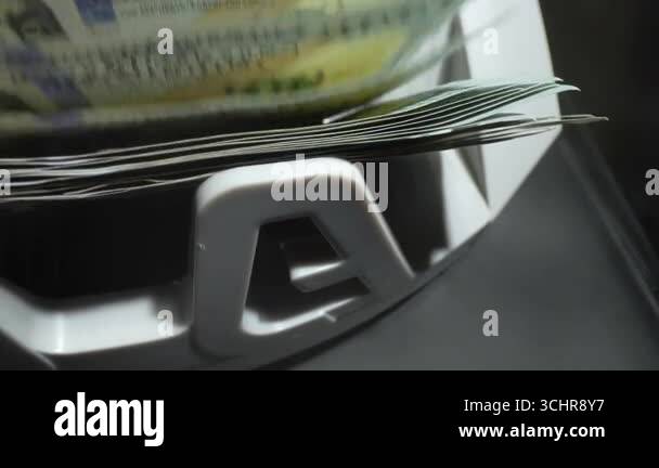Money counting. Close up currency counting machine counting dollar ...