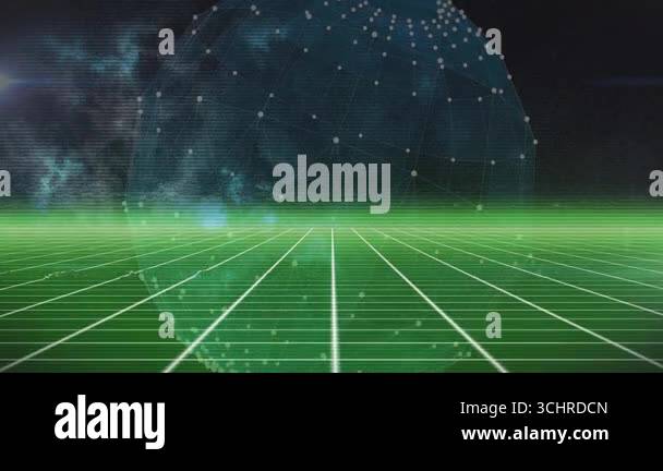 Neon grid intensifying triggers sphere appearing and rotating with glitch pulses for digital ...