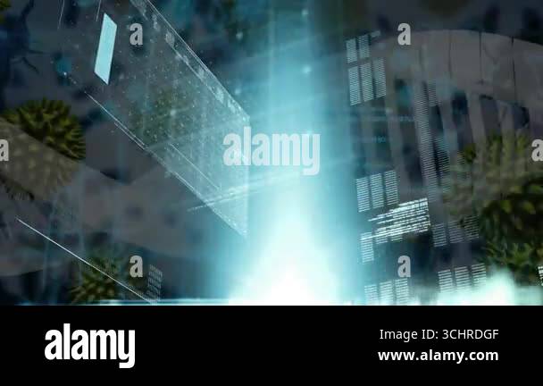 cyan beam activating holographic panel rotating while generating chart representing DNA virus ...