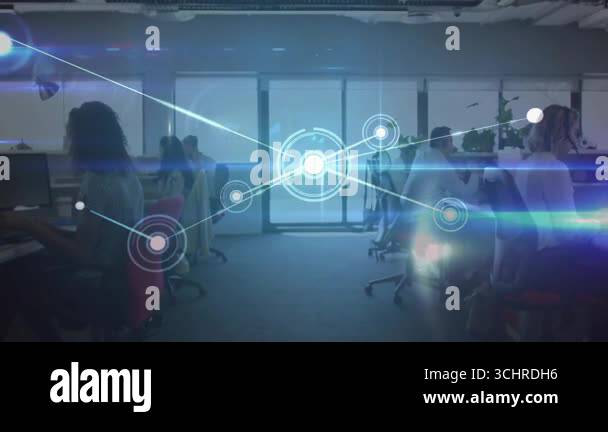 Call centre agents typing at monitors, glowing circle initiating mesh linking desks across ...