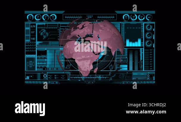 After gauges and charts appearing, 3D globe rotating with pulsing rings, visualizing regional ...