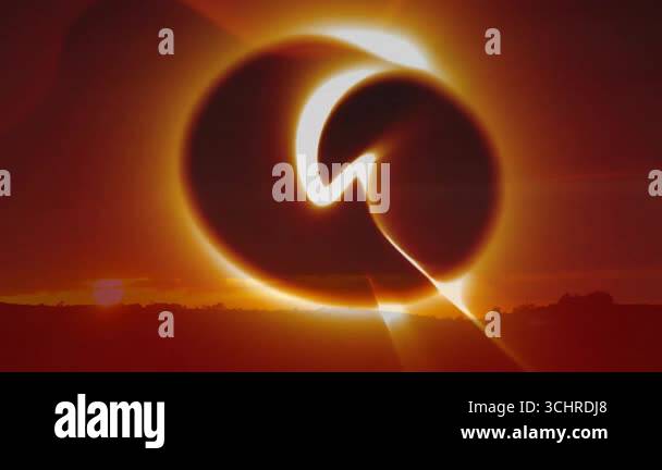 Moon silhouette transiting sun, rotating flare arcs and ribbons ...