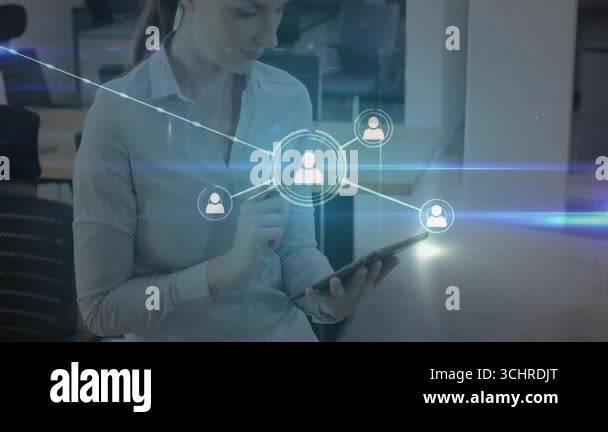 Business professional tapping tablet screen, generating expanding animated user network ...