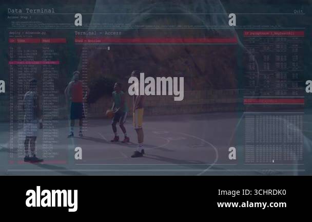 Terminal overlay fading over court, sparking player dribbling and ...