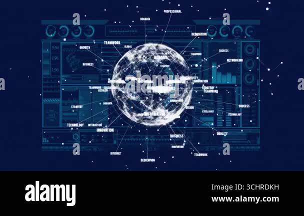 At startup control panel generating nodes forming globe animating charts for tech metrics ...