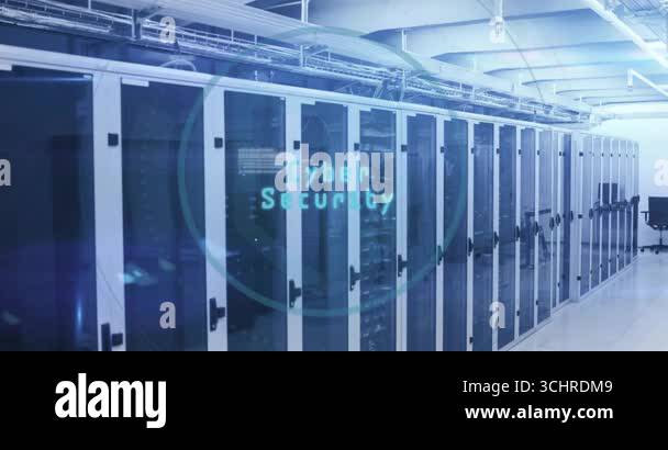Fading Cyber Security text starting ring over racks, syncing cloud arrows, scan showing security ...