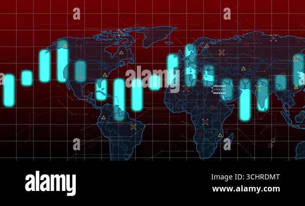Dark red map grid appearing, cyan data bars emerging, growing and ...