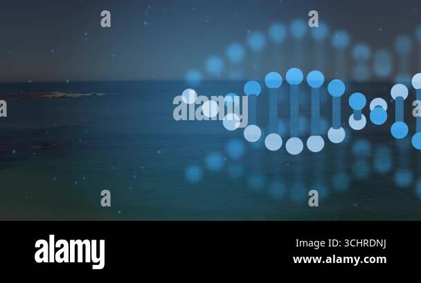 Cluster of glowing circles emerging from right edge building DNA helix ...