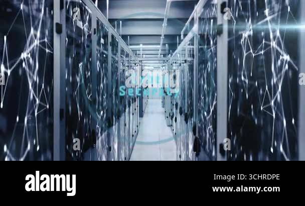 Server corridor starting cyber security UI showing network lines scanning rings protecting ...
