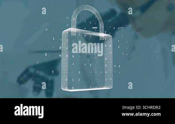 On start 3D padlock hologram rotating while data stream emerging and ...