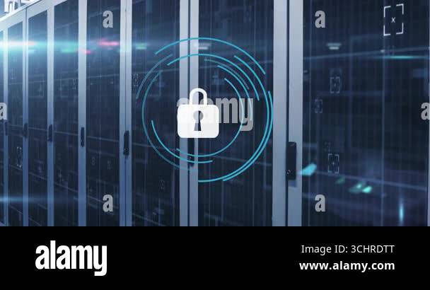 Camera revealing server racks, scan lines overlaying, HUD circling ...