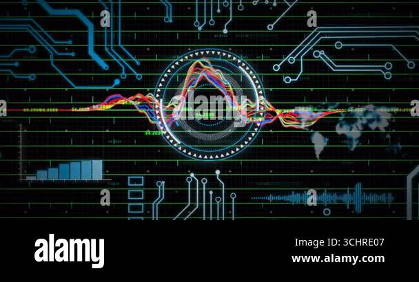 Initiating central HUD pulsing and rotating over grid while waveforms layering and charts rising ...