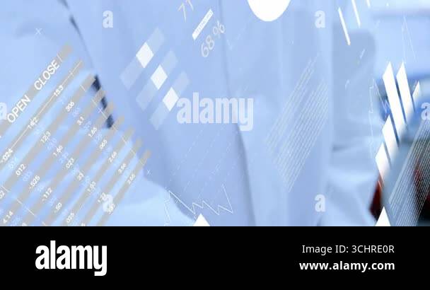Science lab scientist pipetting sample causing chart overlays analyzing data then revealing ...