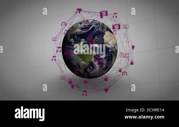 Globe rotating at animation start, magenta network spinning showing global connection. Geography ...