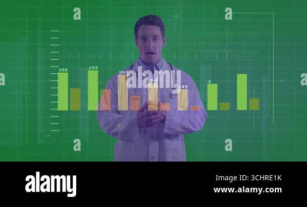 Male doctor wearing stethoscope gesturing at sliding charts and line ...