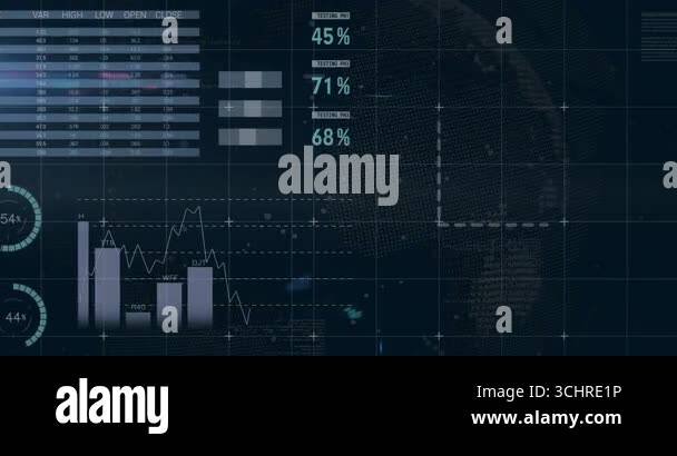 Dark grid opening starting stock index table animating charts, rings ...