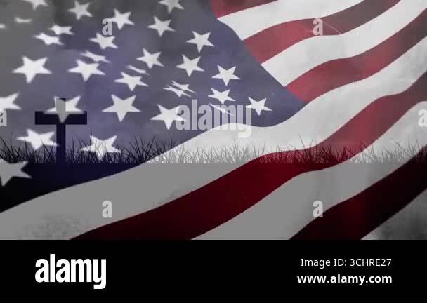 Upon cross silhouette appearing, US flag emerging gently waving in flat ...