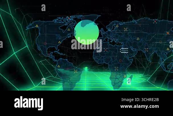 After orb fading in, world map emerging, animating data markers over neon grid for global data ...