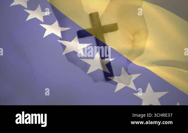 Waving Bosnian flag starting hands gripping wooden cross, symbolizing ...