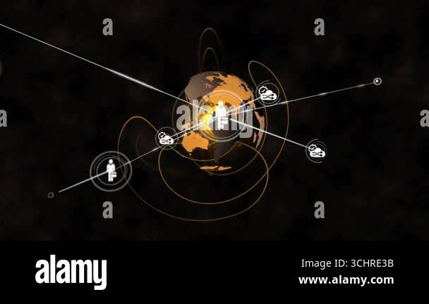 Bright yellow core pulsing starting Earth rotating while worker icons orbiting forming global ...