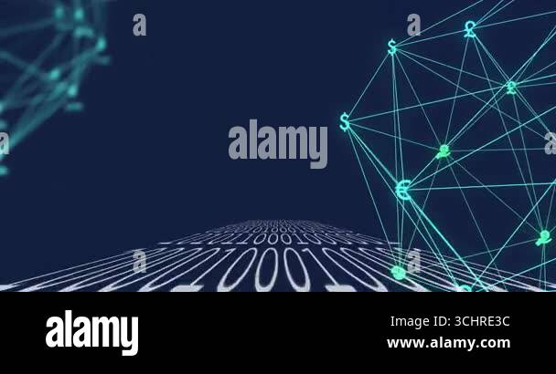 Binary digits scrolling wireframe forming currency globe, stats icons rising visualizing markets ...