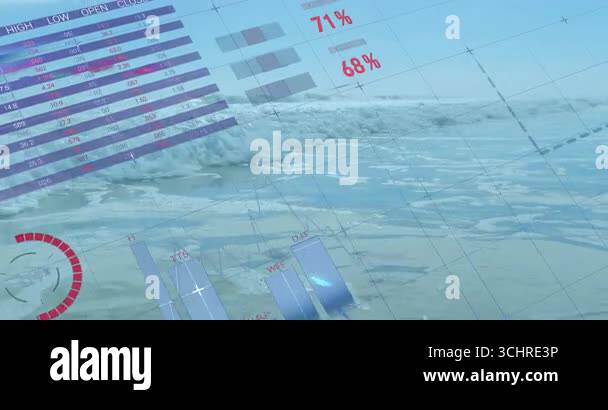 Data overlay appearing showing bar chart rising, pie charts sweeping ...