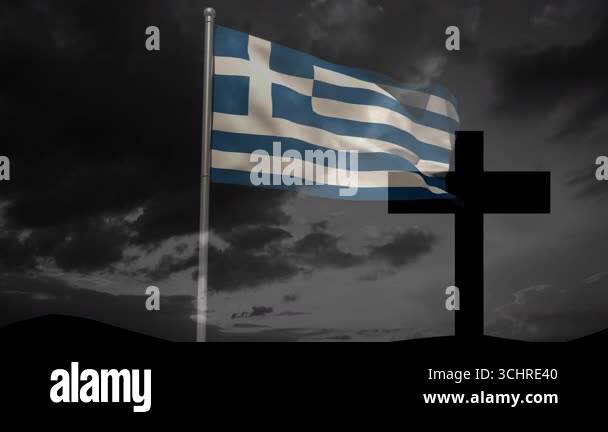 Breeze rising Greek flag unfurling and rippling to fly edge against ...