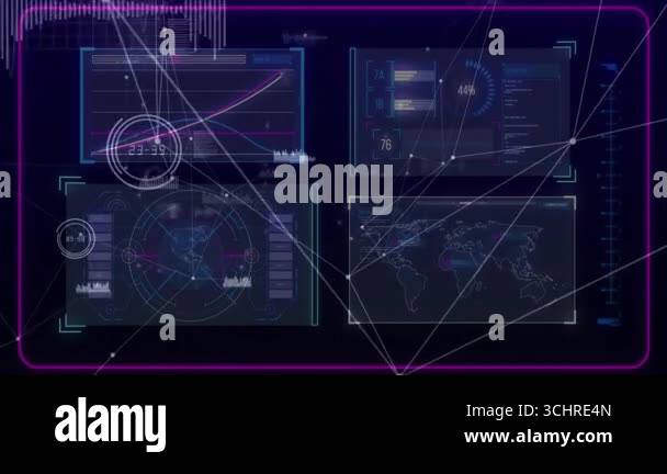 Neon-framed dashboard popping up animating four data panels graphs and nodes showing realtime ...