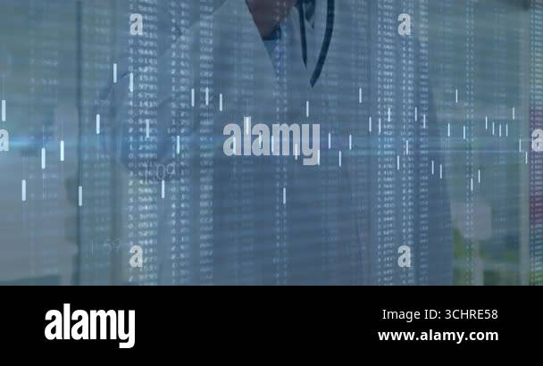 Scrolling data streams revealing doctor raising stethoscope for merging ...